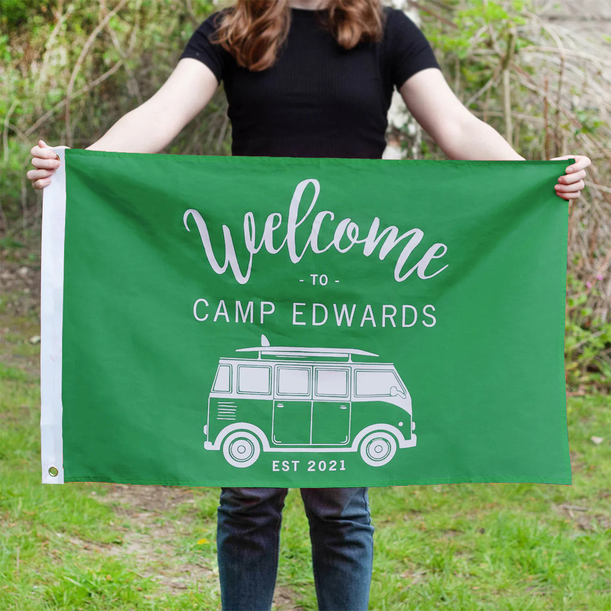 Personalised Camper Van Camping Flag in Green